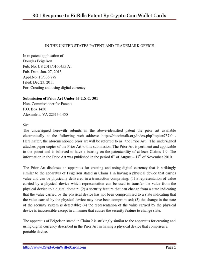 Bitcoin Wallet Cards - 35 USC 301 - Citation of Prior Art Against ...