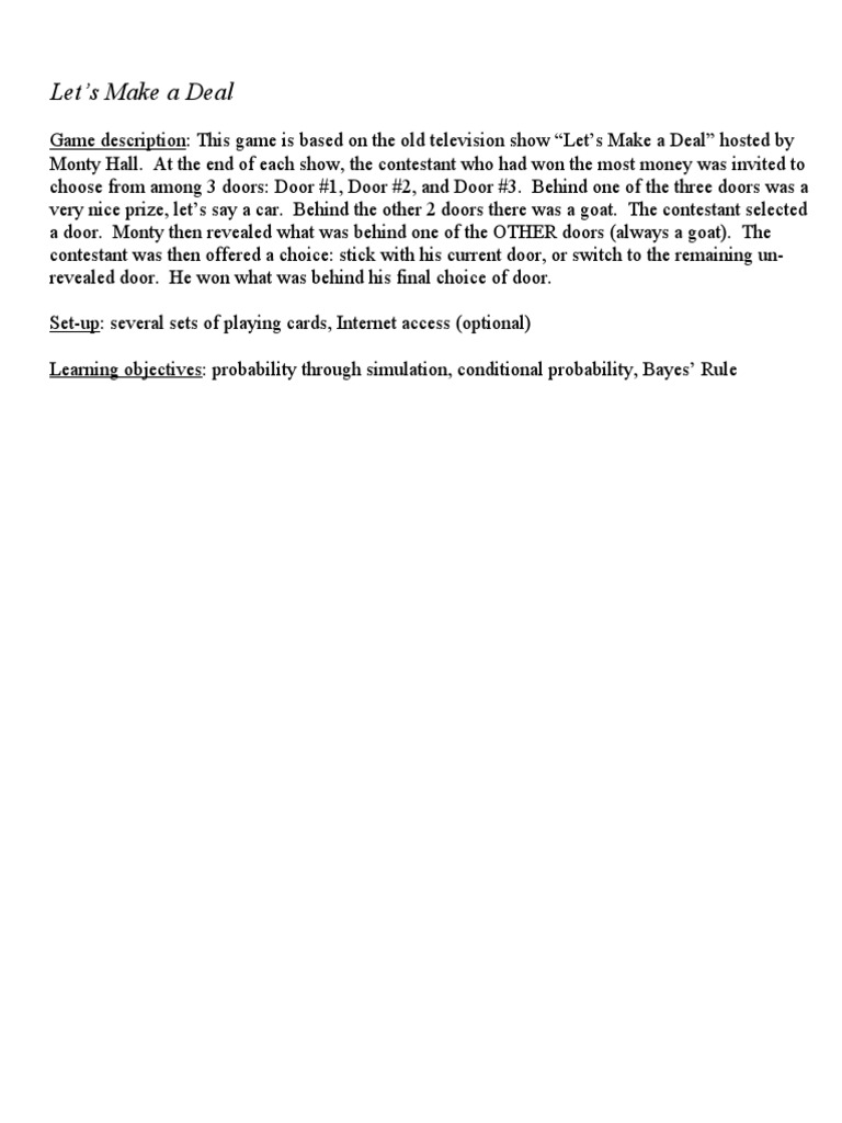 Lets Make A Deal Problem With Probability | PDF | Leisure | Teaching ...