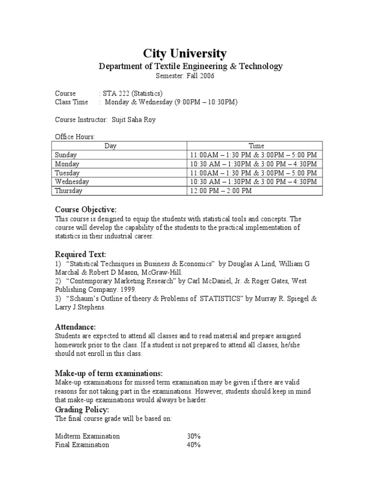 Course Outline - Stat | PDF | Arithmetic Mean | Statistics