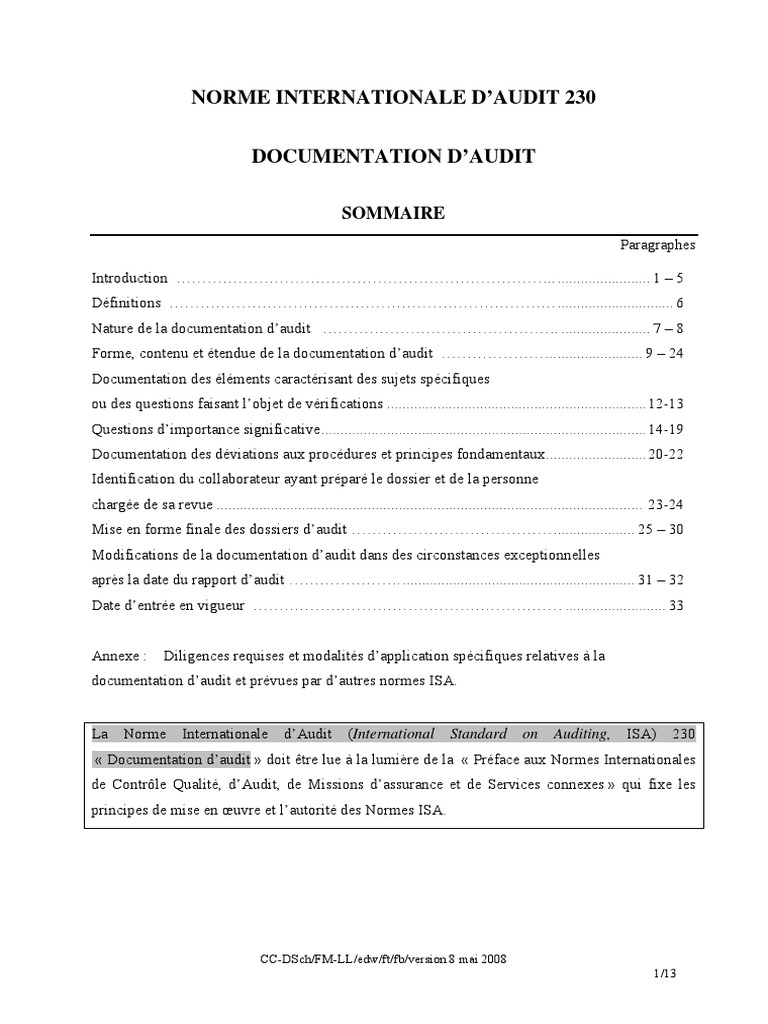 Norme ISA 230 : Documentation d'Audit | PDF | Finance et gestion monétaire | Technologie et ...