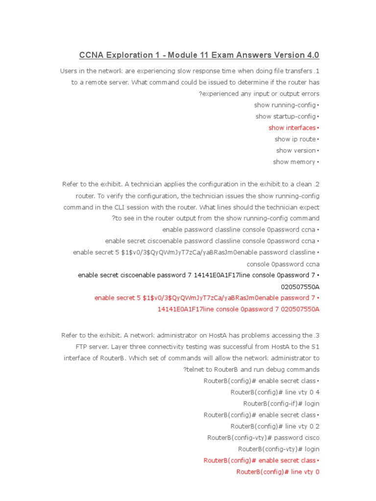Ccna Exploration 1 Module 11 Exam Answers Version 40 Pdf Router Computing Command
