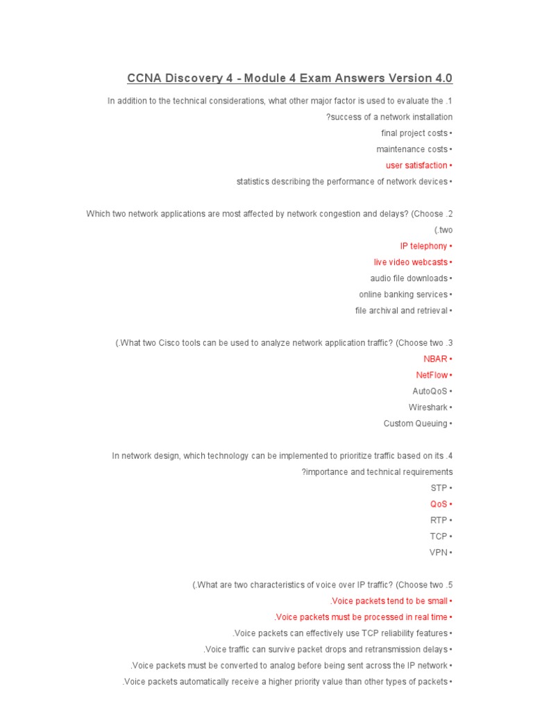 CCNA Discovery 4 - Module 4 Exam Answers Version 4.0 | PDF | Quality Of Service | Voice Over Ip