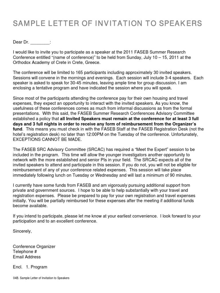 Sample Letter of Invitation To Speakers | PDF