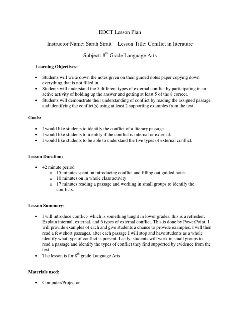 8th Grade Conflict in Literature Lesson | PDF
