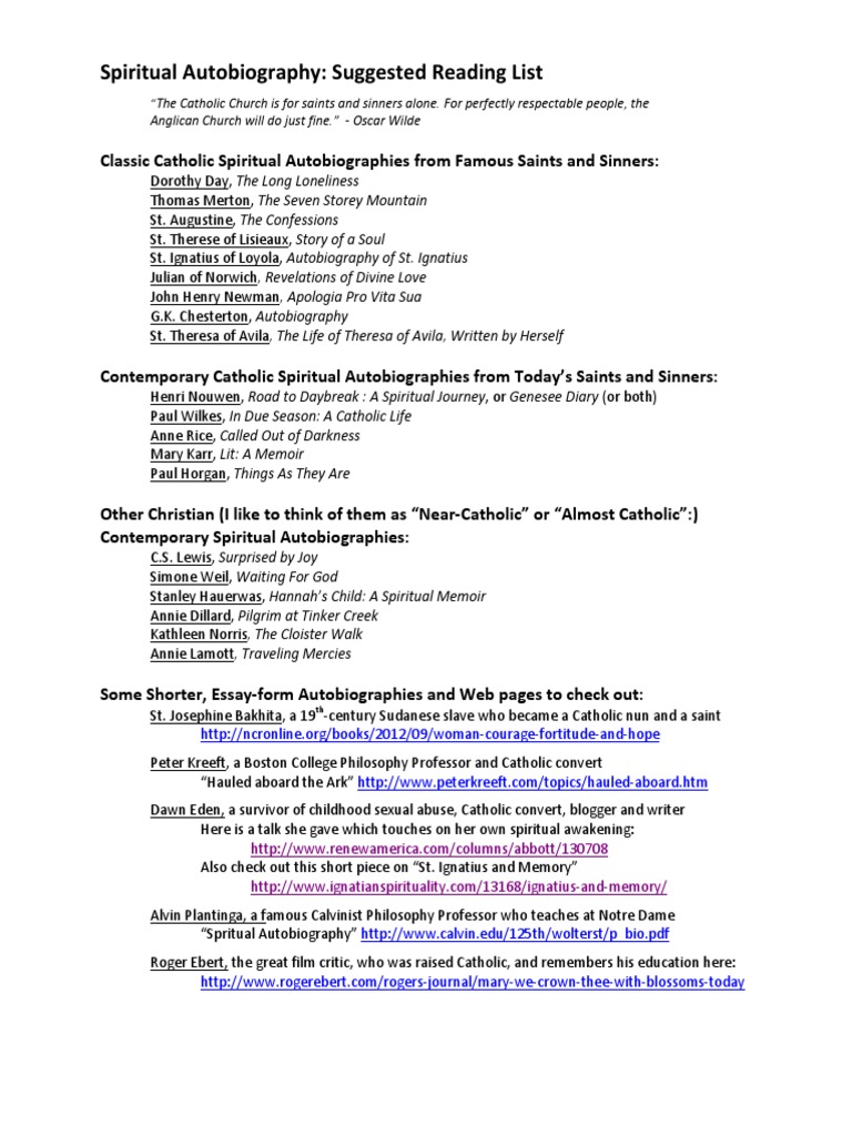 Catholic Spiritual Autobiography Reading List | PDF | Religious Belief ...