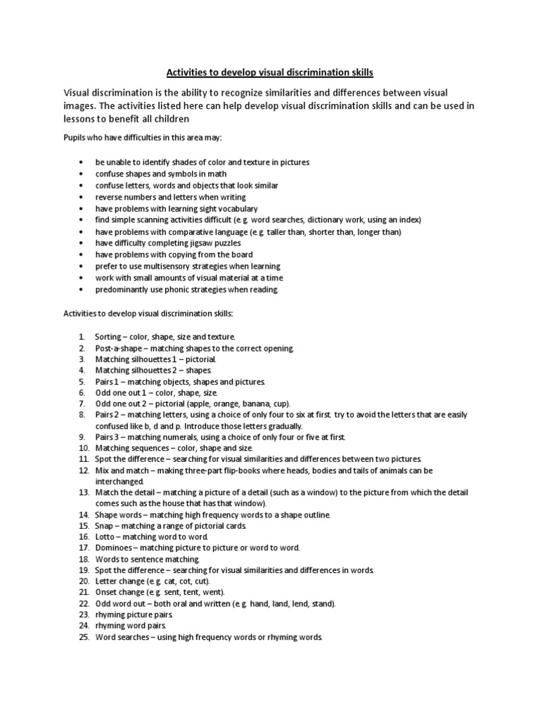 Visual Discrimination Skill Activities | PDF | Word Search | Shape