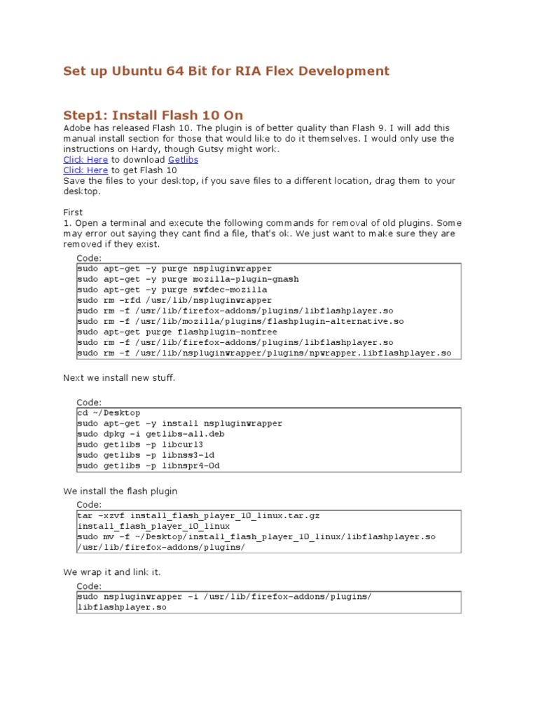Ubuntu 64-Bit RIA Flex Setup Guide | PDF | Apache Flex | Adobe Flash
