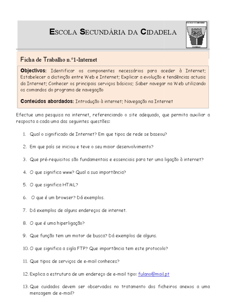 Ficha de Trabalho ITIC - Internet - 1 | PDF