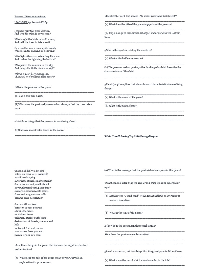 Form 2 Poem Revision | Poetry | Fiction & Literature