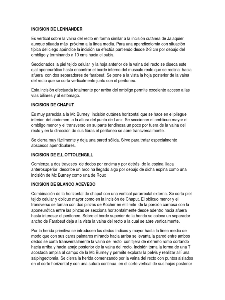 Incisión de Lennander en Apendicectomía | PDF | Peritoneo | Abdomen