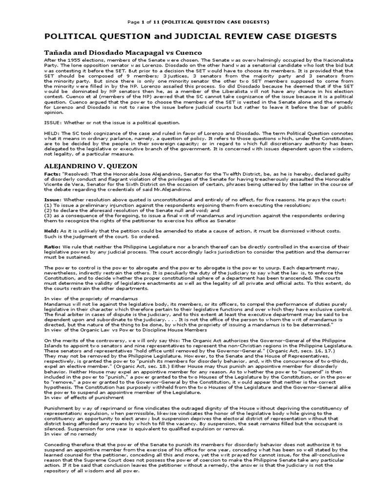 Political Question and Judicial Review Case | PDF | Marbury V. Madison ...