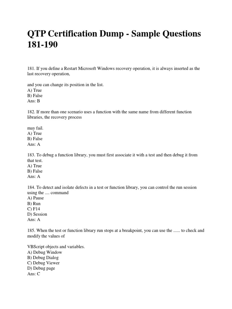 QTP Certification Sample Questions 181-190 | PDF