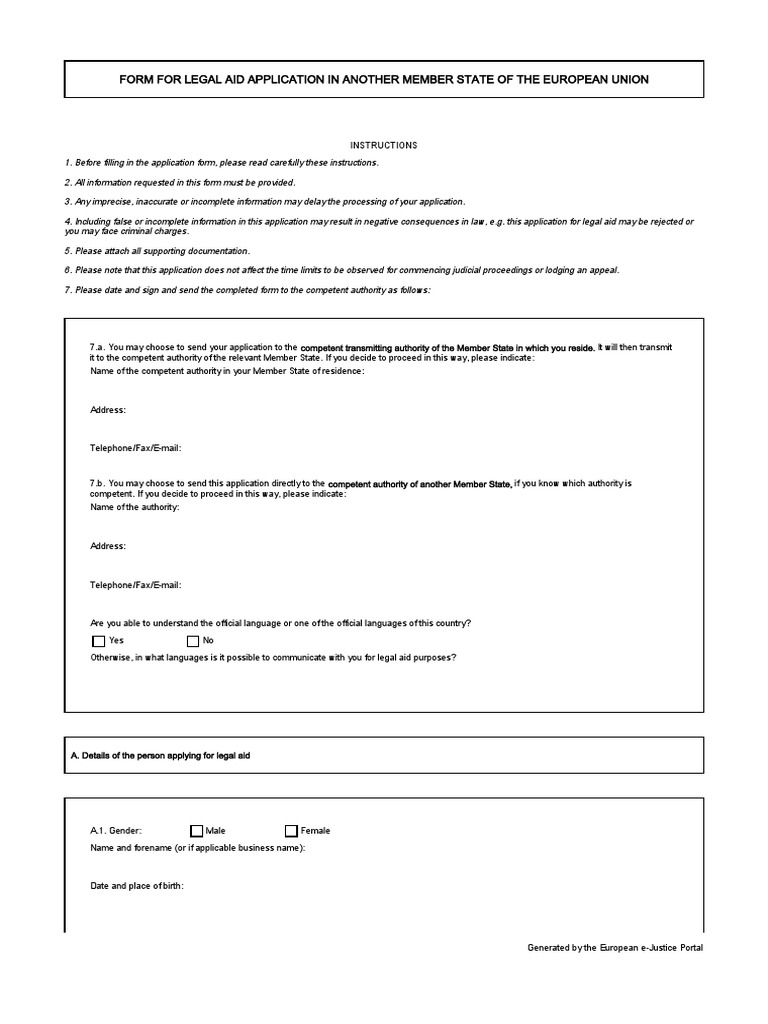 Form For Legal Aid Application in Another Member State of The European ...