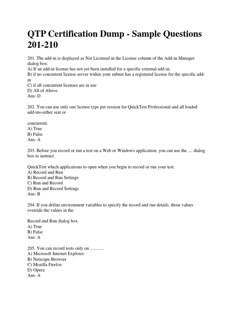 Qtp Certification Dump Sample Questions 201 210 Pdf