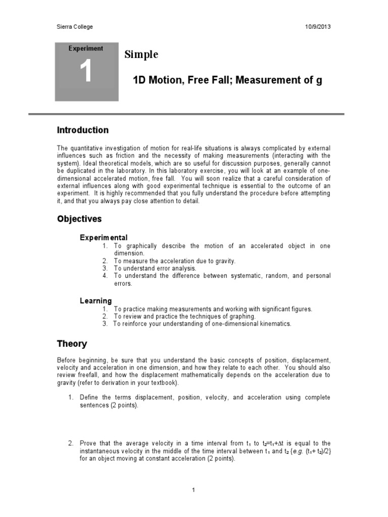 PHY 4A One Dimensional Motion Free Fall | PDF | Acceleration | Velocity
