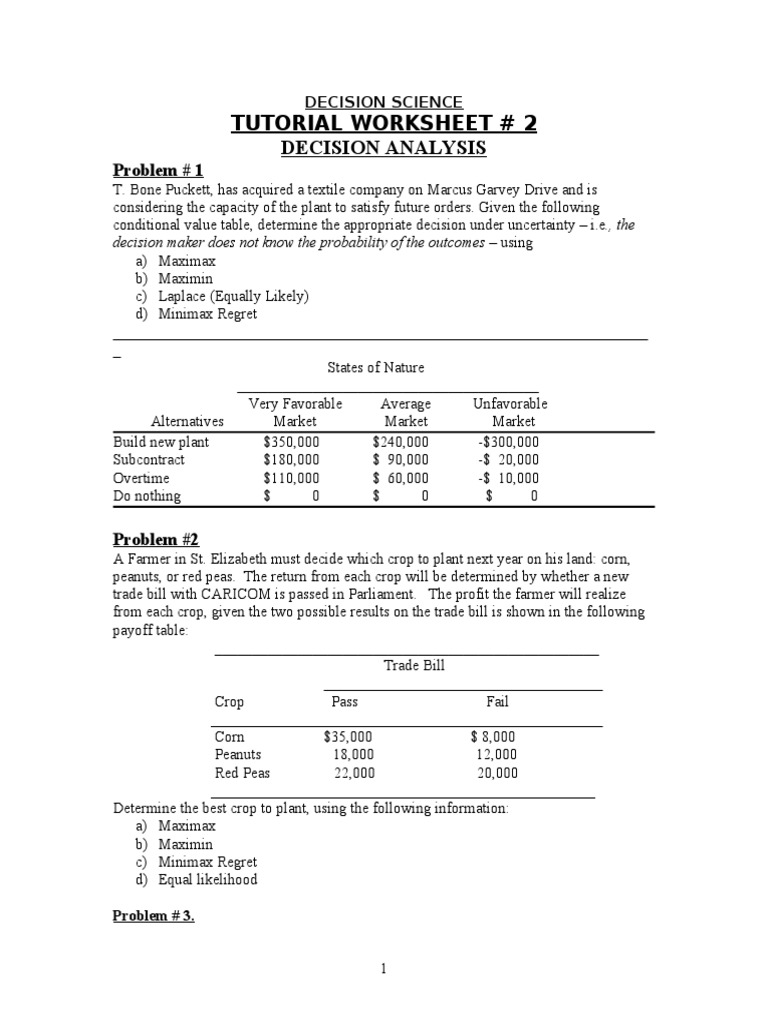 Ds Tutorial Worksheet #2 - Decision Analysis Sem 2 2012-13 | PDF ...