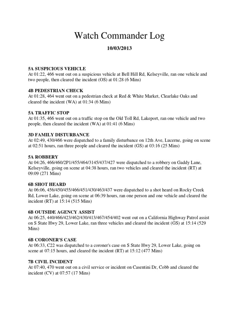 Lake County Sheriff's Watch Commander Logs | PDF | Traffic | Criminal ...