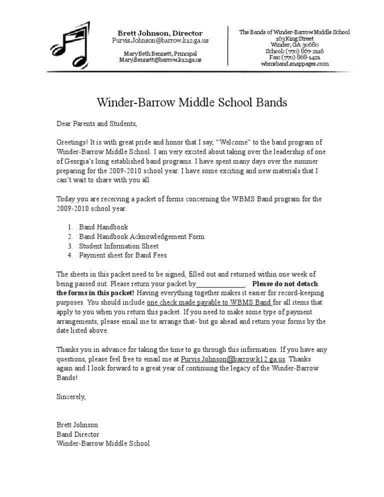 WBMS Band Program 2009-2010 Info Packet | PDF