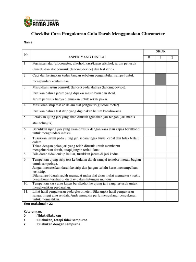 Checklist Cara Pengukuran Gula Darah Menggunakan Glucometer (Edit) | PDF