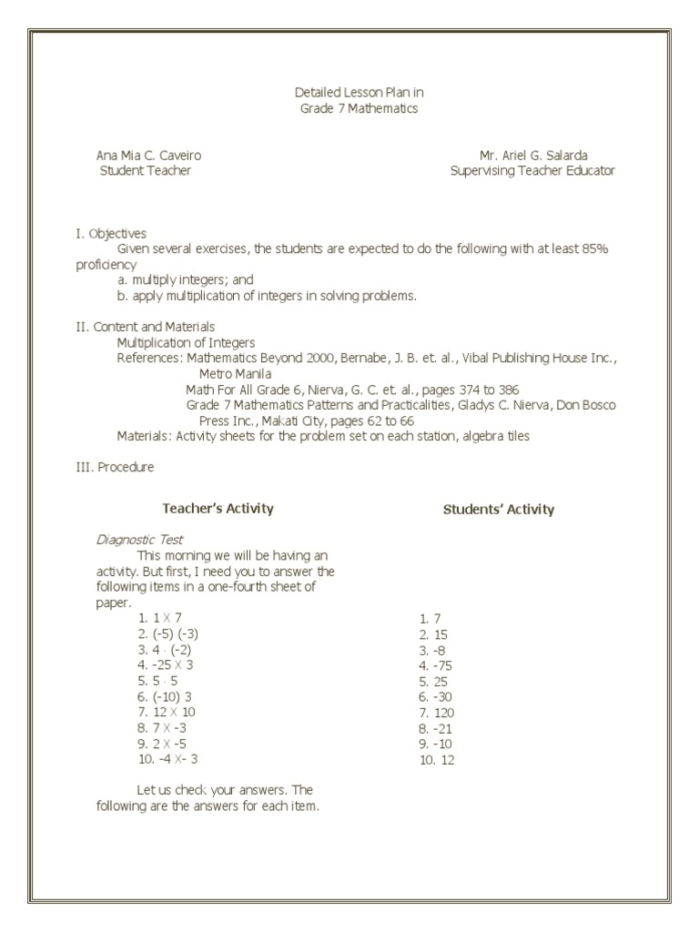 Multiplying Integers Lesson Plan | PDF | Multiplication | Teaching ...