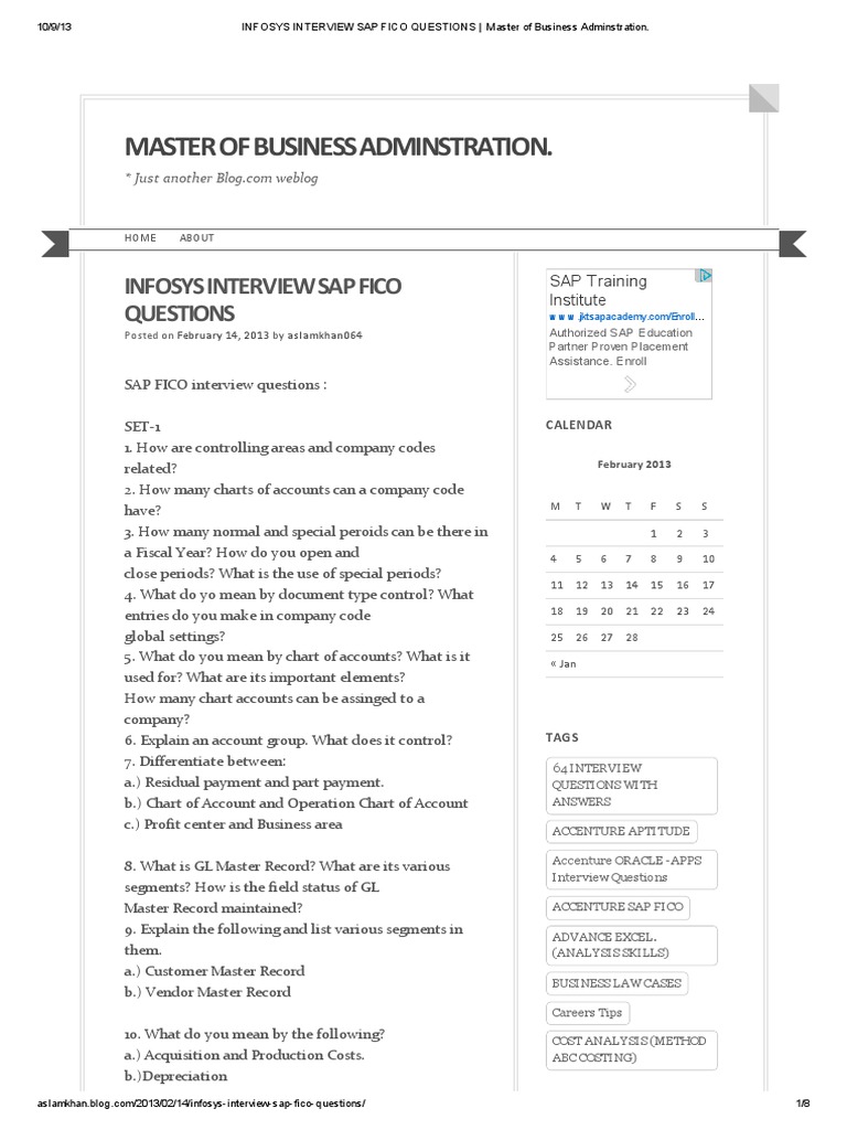 Infosys Interview Sap Fico Questions - Master of Business Adminstration ...