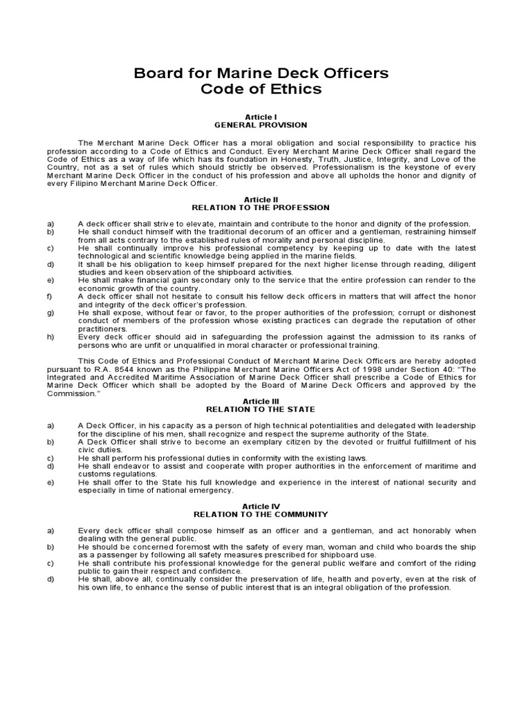 Merchant Marine Deck Officer Ethics Code | PDF | United States Merchant ...