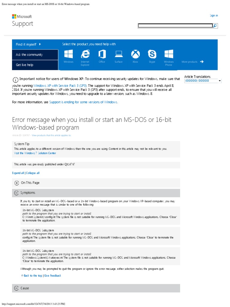 Error Message When You Install or Start An MS-DOS or 16-Bit Windows ...