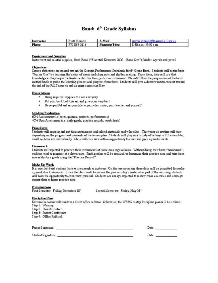 Band: 6 Grade Syllabus: Instructor E-Mail Phone Planning Time | PDF ...