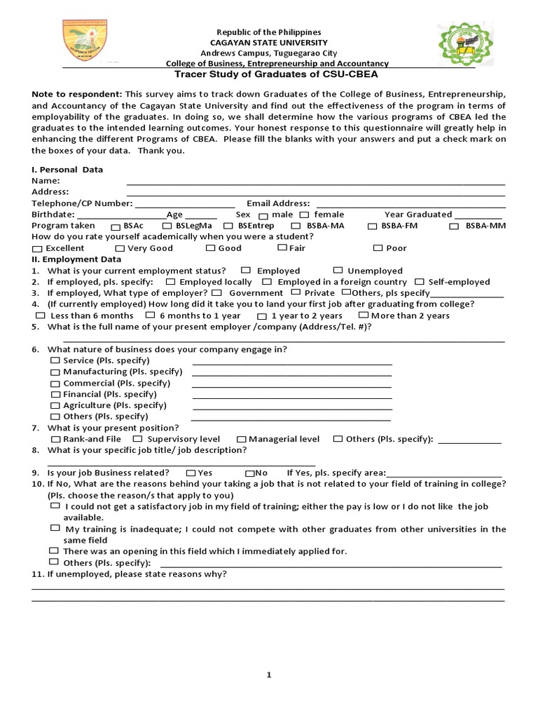 CSU-CBEA Graduate Tracer Study Survey | PDF