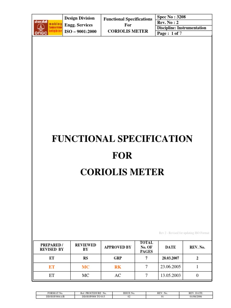 Functional Specifications for Coriolis Mass Flow Meters | PDF | Specification (Technical ...