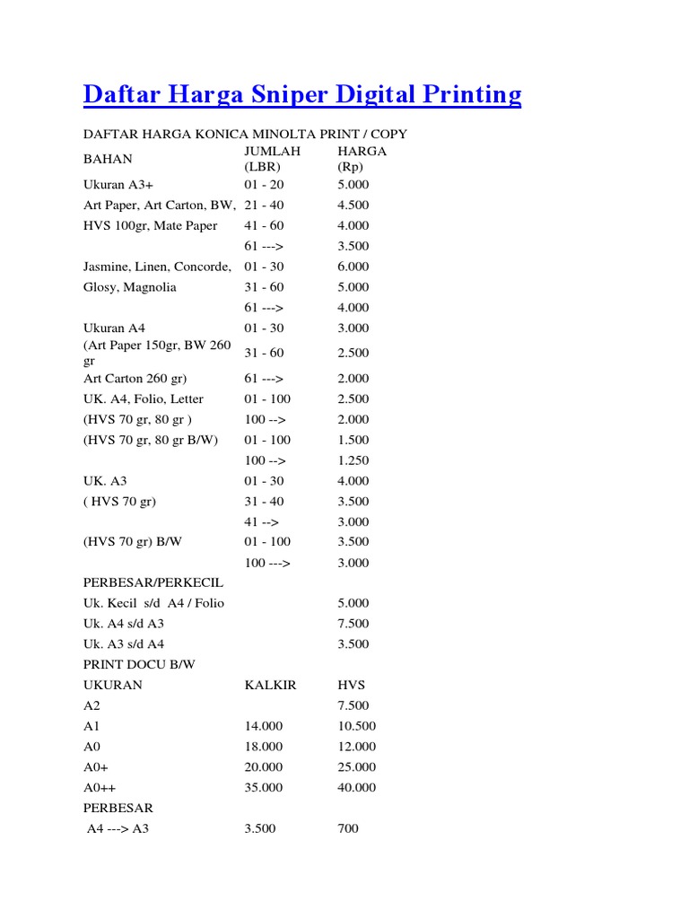 Daftar Harga Sniper Digital Printing | PDF