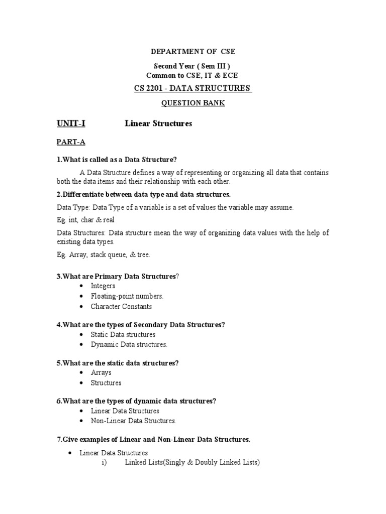 CS 2201 - DATA STRUCTURES QUESTION BANK | PDF | Graph Theory | Queue (Abstract Data Type)