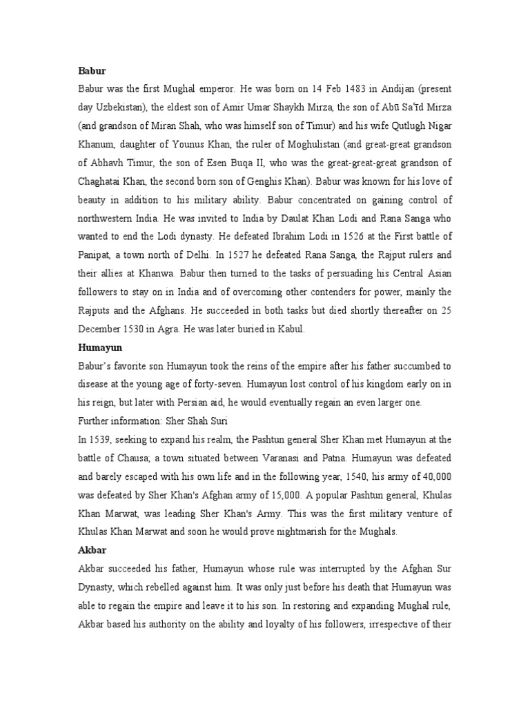 Babur Humayun Akbar Jahangir Shahjahan Aurangzeb Information | PDF | Muslim Empires | Mughal Empire