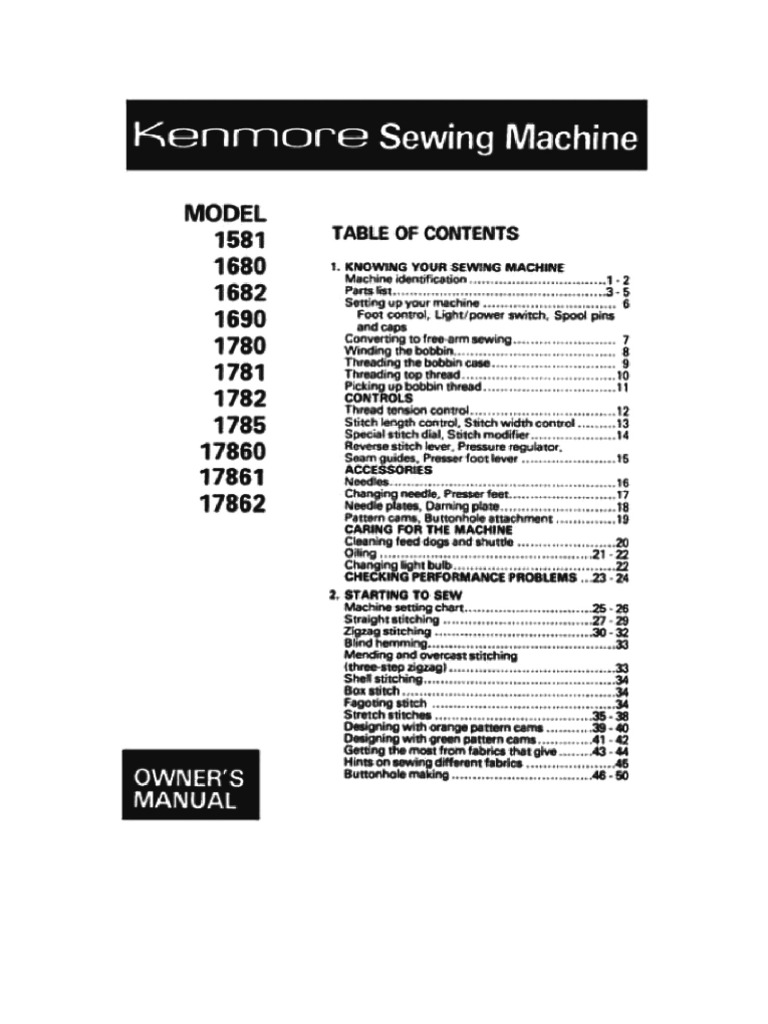 Kenmore Manual 1581, 1680,1682,1690,1780,1781,1782,1785,17860,17861 ...