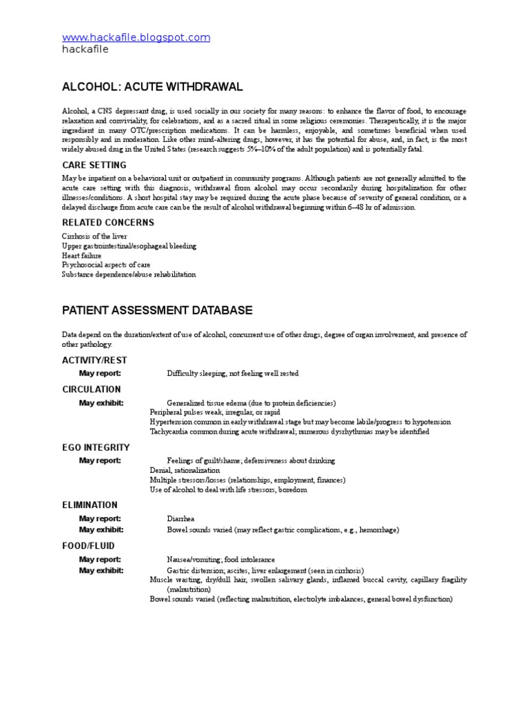 Nursing Care Plan For "Alcohol Acute Withdrawal" | PDF | Alcoholism ...