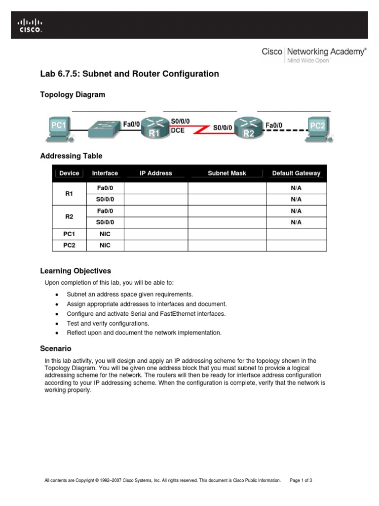 Cisco CCNA Lab 6.7.5 Subnet and Router Configuration | PDF | Ip Address | Computer Network