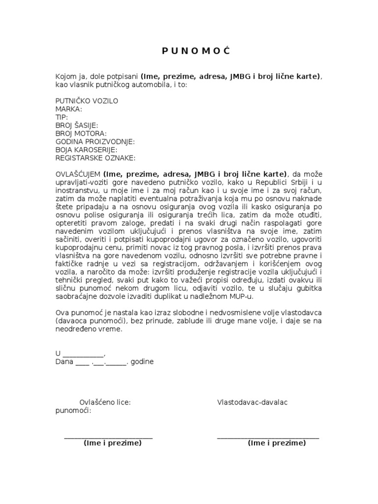 Punomoc Za Raspolaganje Automobilom | PDF