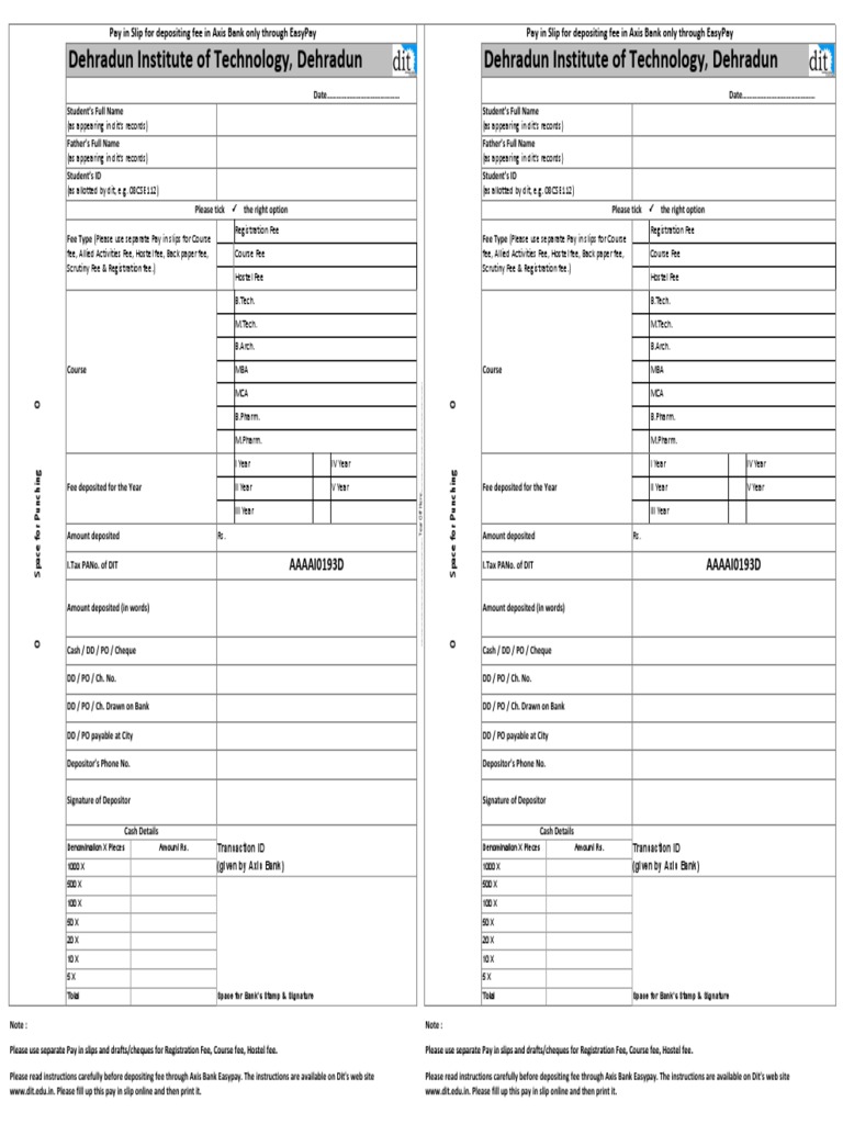 Axis Bank Fee Pay-in Slip Guide | PDF | Cheque | Deposit Account