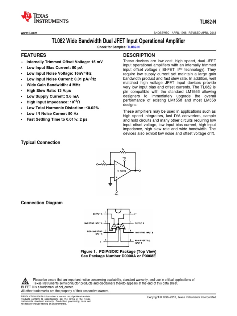 tl082 Op Amp Datasheet | PDF | Amplifier | Operational Amplifier