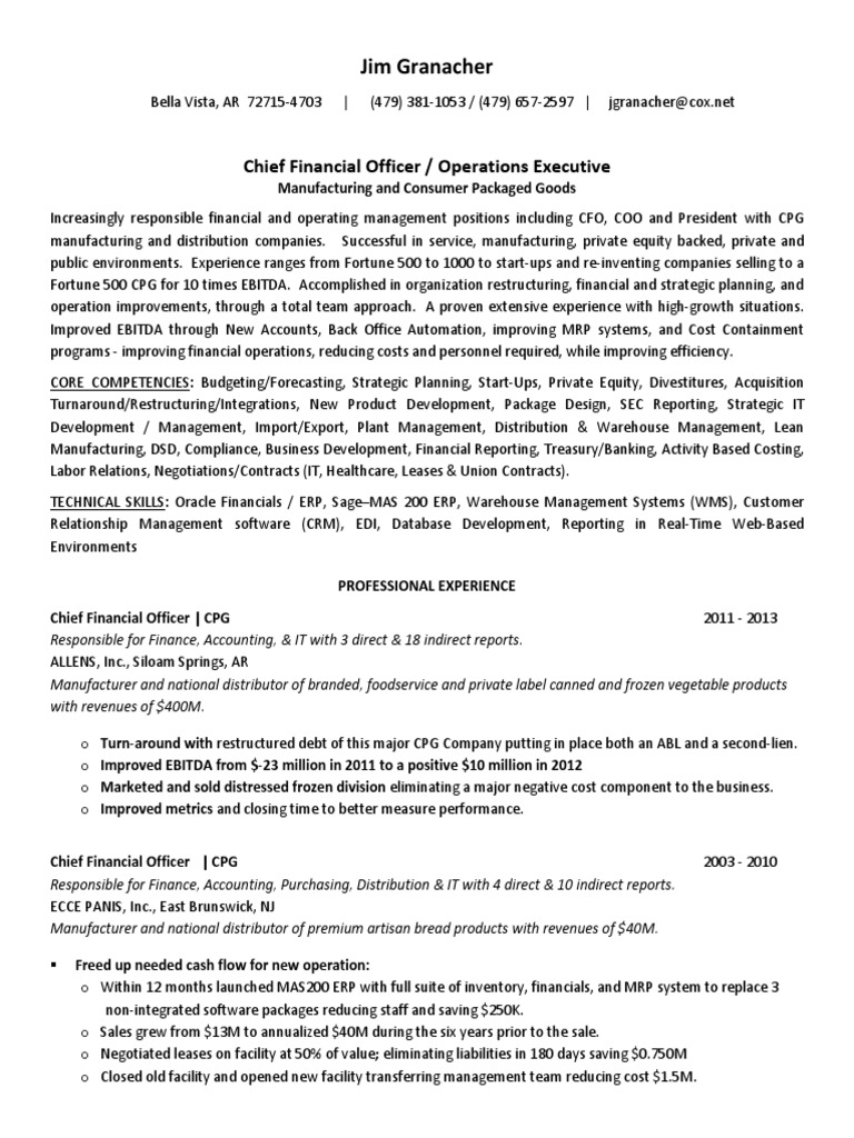 CFO VP Finance CPG in USA Resume Jim Granacher | Download Free PDF ...
