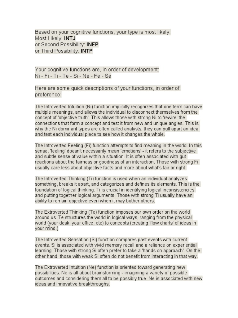 Based On Your Cognitive Functions | PDF | Extraversion And Introversion | Feeling