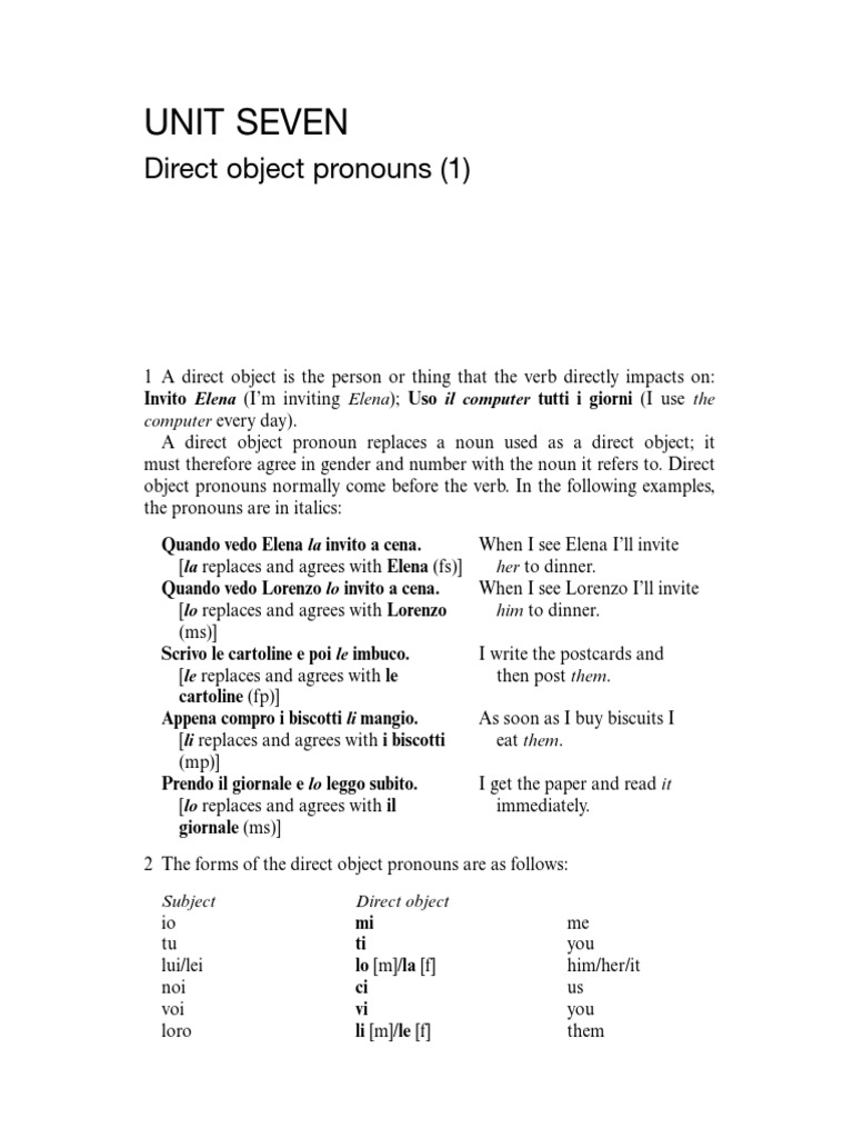 Italian Direct Object Pronouns Guide | PDF | Grammatical Gender ...