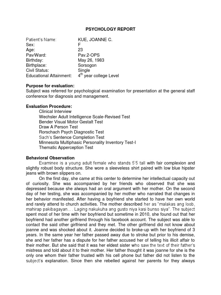 Clinical Psychological Assessment of Joanne Kue | PDF | Bipolar ...