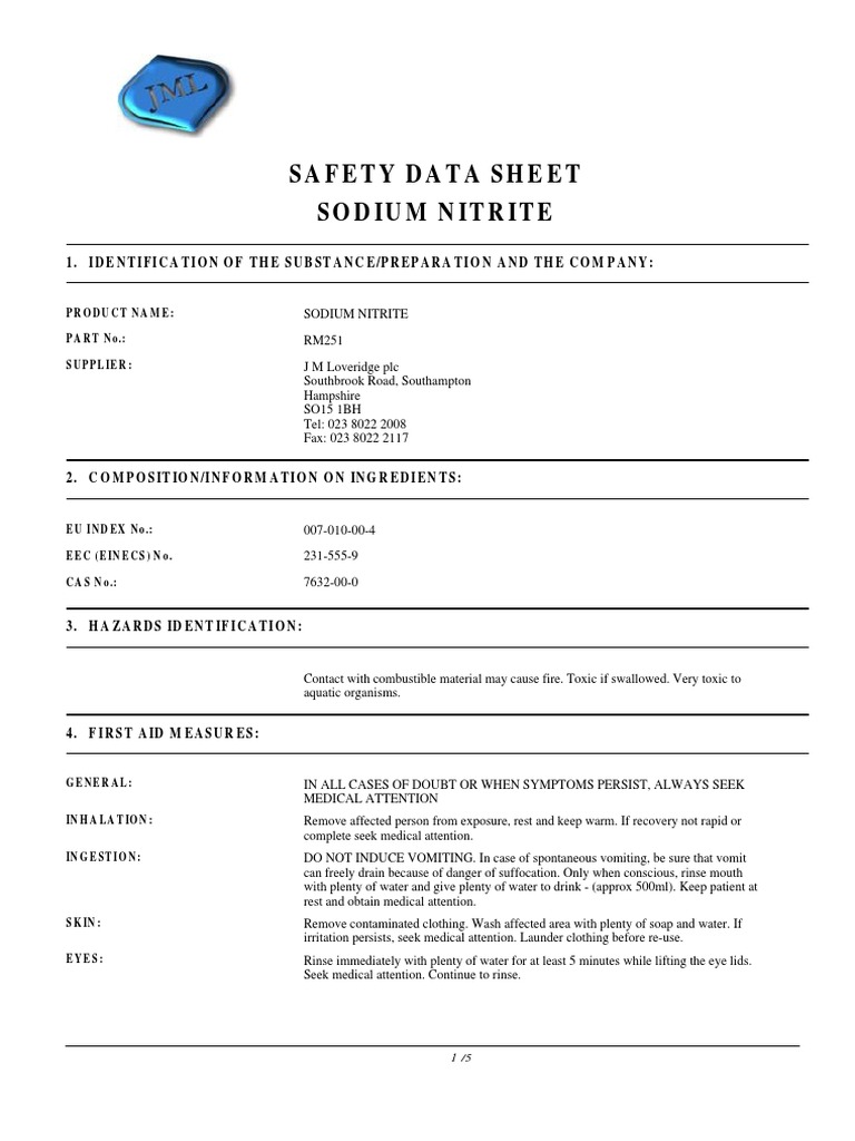 Safety Data Sheet Sodium Nitrite: 1. Identification of The Substance ...