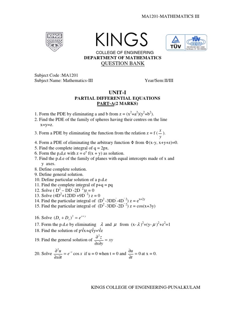 Mathematics III Question Bank | PDF | Fourier Series | Trigonometric ...