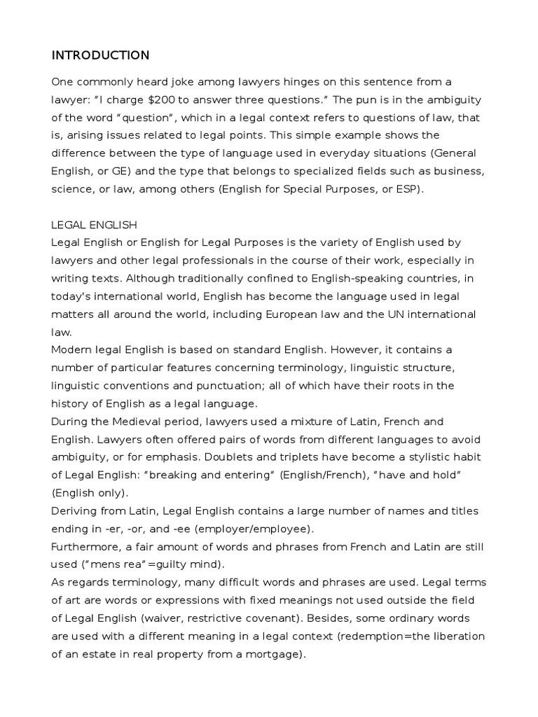 An Introduction to Legal English: A Specialized Variety of the English ...