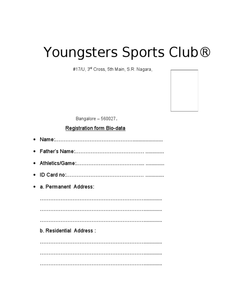 Youngsters Sports Club Registration Form | PDF