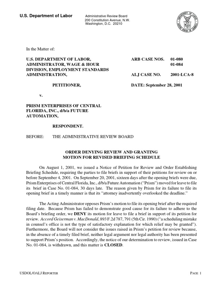 USDOL ARB Order on Prism Enterprises Case | PDF
