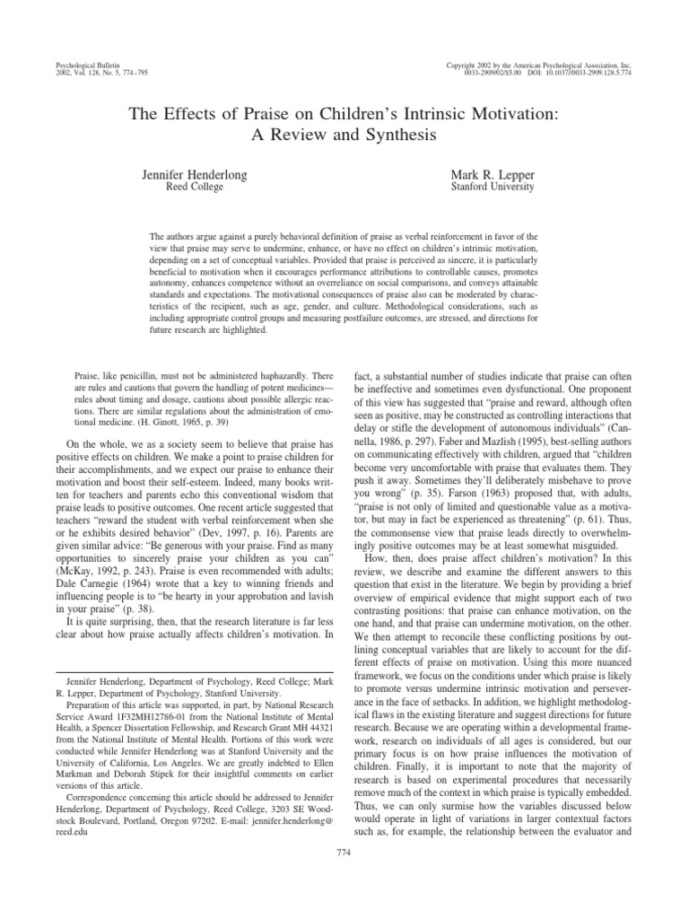 The Effects of Praise On Children S Intrinsic Motivation: A Review and ...