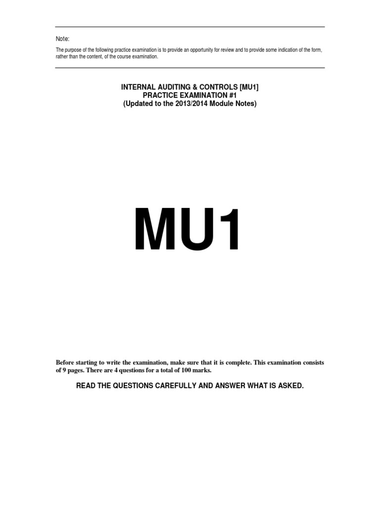 MU1 Practice Exam | PDF | Internal Audit | Audit